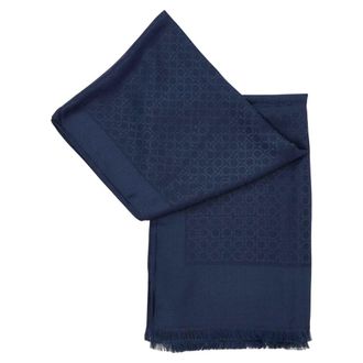 Ferragamo Femme, Accessoires, Bleu, Taille: ONE Size Écharpe Logo Bleu Marine à Franges