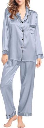 Generic Pyjama en satin pour femme - Grande taille - Ensemble de pyjama 2 pièces à manches longues - Coupe ample - Léger - Col en V boutonné - Poches avant - 