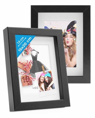 Photolini 3D Bilderrahmen zum Befüllen 15x20 Schwarz, 1,5 cm tiefer Objektrahmen mit Glas, 2X tiefer Bilderrahmen 15x20 Holz MDF mit Passepartout, Dicker 3D Rah