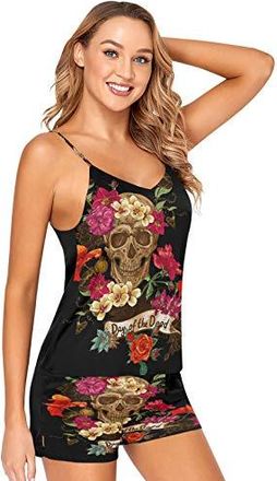 Mnsruu Pyjama noir en satin pour femme avec motif tête de mort et fleurs mortes - Multicolore - XL