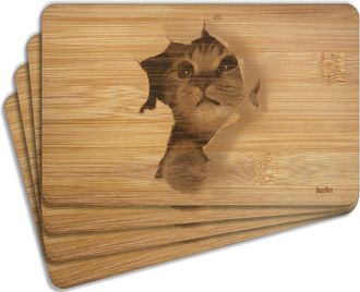 Wallario 4er Set Frühstücksbrettchen aus Holz, Holzunterlage, Holzbrettchen Katze mit Blick nach Oben, Größe 22 x 14 cm