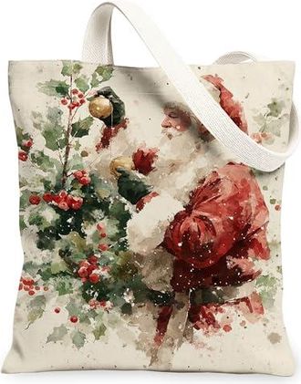 Generic Sacs fourre-tout en toile de No&euml;l, motif P&egrave;re No&euml;l vintage, sacs de courses r&eacute;utilisables, &eacute;l&eacute;gants et l&eacute;gers, lavables &agrave; l&eacute;paule pour cadeaux, voyage