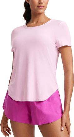 CRZ YOGA Damen Cloudweight Kurzarm Shirts Seitlicher Schlitz Workout Tops Athletic Gym Leicht Crewneck T-Shirts Rosa Pfingstrose 42