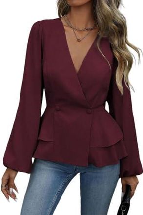 Onsoyours Blouse Femme &Eacute;l&eacute;gant Col en V Manches Longues Affaires Chemisiers Bouton &Agrave; Volants Tunique Slim Hauts D&eacute;contract&eacute; Chemise Tshirt A Vin Rouge M