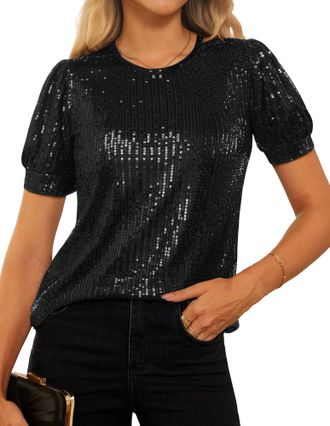 Grace Karin Damen Glitzer Tops Kurze Laternen&auml;rmel Rundhals Pailletten Pullover Bluse Party Tops Schwarz XXL