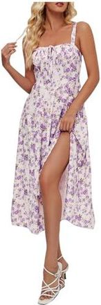 Generic Robes amincissantes d&eacute;t&eacute; 2026 pour femmes, imprim&eacute; floral, coupe ajust&eacute;e, col carr&eacute;, ourlet fendu, robe boh&egrave;me l&eacute;g&egrave;re, violet, XXL