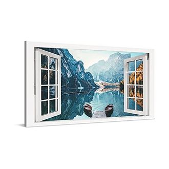 Picanova Photo sur Toile Dolomites Montagnes Lac Pragser Wildsee Braies Fenêtre 100x50cm - Impression sur Toile Haut de Gamme - Image sur Toile pour Décoration