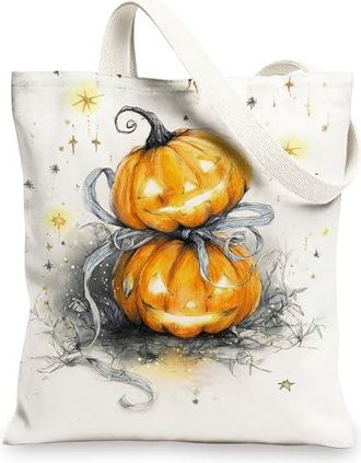 Generic Sacs fourre-tout festifs en toile, motif citrouille, sacs dépicerie réutilisables, légers et lavables, sacs en toile pour salle de sport, extérieur, v