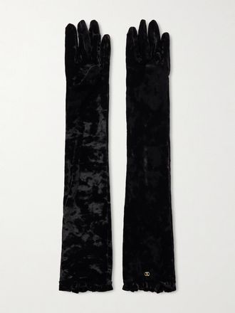 Valentino Garavani Gants En Velours &Agrave; Volants Vlogo - Noir