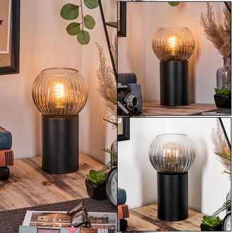 HOFSTEIN Tischleuchte Koyoto, Tischlampe aus Metall/Riffelglas in Schwarz/Rauchfarben/Klar, Leuchte im Retro/Vintage-Design m. Glasschirm (&Oslash; 15cm), E27, Wohnzi