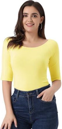 Allegra K T-Shirt Manches Courtes Encolure D&eacute;gag&eacute;e pour Femmes Costume dhalloween Jaune Clair XS