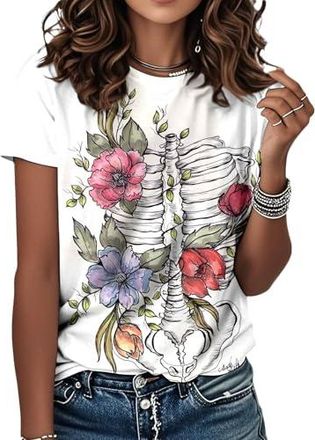 Generic T-shirts dHalloween pour femmes, squelette floral | T-shirts graphiques &agrave; manches courtes coupe r&eacute;guli&egrave;re v&ecirc;tements d&eacute;t&eacute; - pour voyage, Fleur squelett