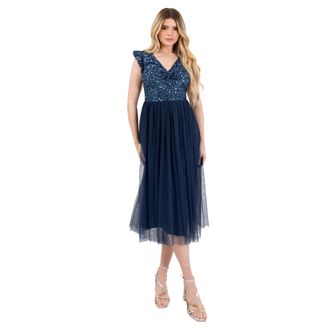 Maya Damen Womens Midi Ladies V-Neck Flutter Sleeve Sequin Embellished Twist Front Tulle Wedding Guest Bridesmaid Occasion Dress, Navy Blue, 52 EU