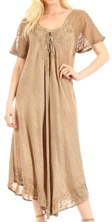 Sakkas 16603 - Egan Lange gestickte Kaftan Kleid/Abdeckung mit gestickten Kappen &Auml;rmeln - Beige - OS