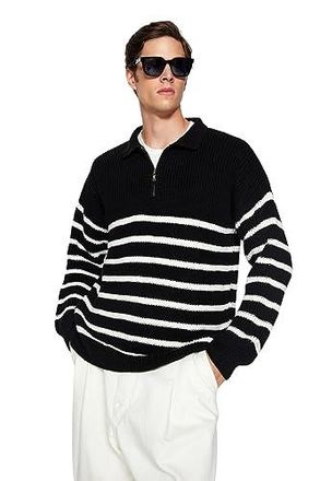 Trendyol Pull rayé à Manches Longues Grande Taille pour Homme Sweater, Noir, XL