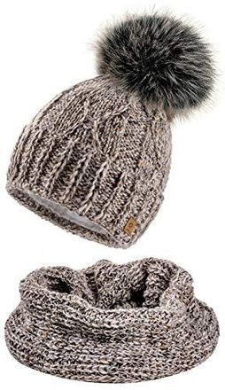 4sold Femme Set Bonnet et &eacute;charpe Alpaga dhiver Wool Chapeau Hat Grande Pom Pom Bonnet dhiver Chaud Doublure Polaire - Set Beige
