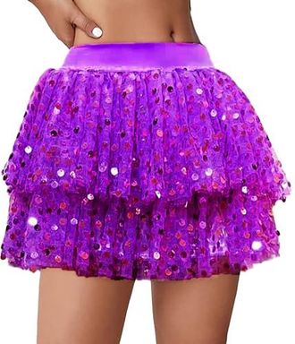 Generic Jupe en mousseline de soie pour femme - Couleur unie - Mini jupe de danse &agrave; bulles - Jupe courte - Jupe de lit double avec pompons, violet, Taille uni
