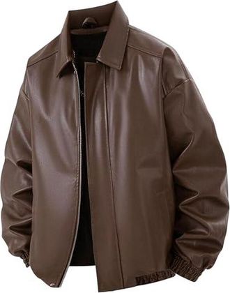 Generic Blouson en cuir pour homme, blouson de motard en similicuir, col &agrave; revers, couleur unie marron, taille 3XL
