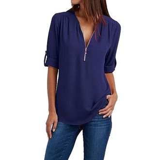 Generic Tee Shirt Femme Grandes Tailles- Haut Femme Zipp&eacute;,Tunique &Agrave; Manches Courtes Sexy Col en V Top L&acirc;che Couleurs Unies Blouses D&eacute;contract&eacute;es Respirant Con