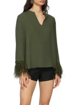Valentino Garavani Valentino Khaki Silk Blouse with Feather Trim Size M