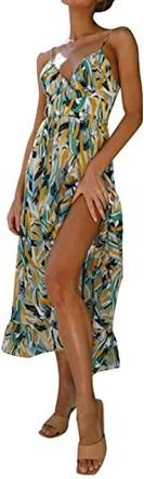 Generic Robe d&eacute;t&eacute; 2026 boh&egrave;me pour femme, robe de plage ample et &eacute;l&eacute;gante &agrave; bretelles spaghetti &agrave; motif floral, jaune, S