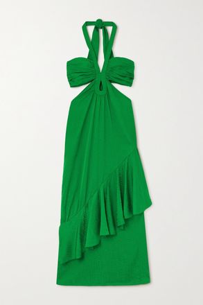 Johanna Ortiz Balladist Neckholder-midikleid Aus Gl&auml;nzendem Jacquard Mit Cut-outs Und Volant - Gr&uuml;n