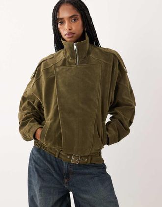 Cotton On Bikerjacke in dunklem Olivgr&uuml;n in Wildlederoptik