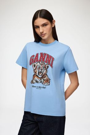 Ganni T-shirt en jersey basique bleu &agrave; imprim&eacute; tigre Coton biologique - Taille XL - Pour Femme