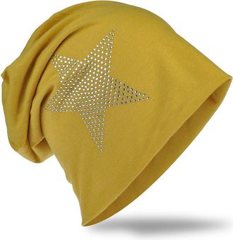 Miobo Jersey Slouch Beanie Long M&uuml;tze Stern mit Strass Stern Applikation,Senfgelb