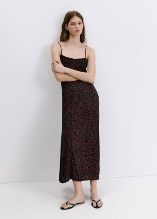 Mango Robe midi &agrave; fleurs &agrave; d&eacute;collet&eacute; fronc&eacute; noir - Femme - XXS - MANGO