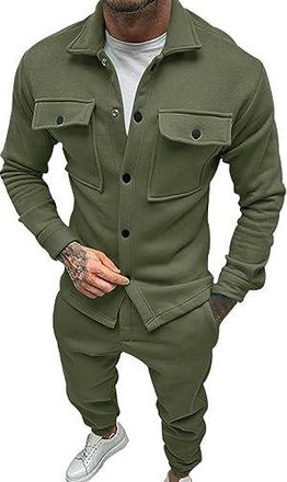 Generic Survêtement de loisirs en coton pour homme - Sans capuche - Ensemble de survêtement à manches longues avec boutons et poche - Pantalon de jogging uni 