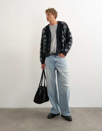 Topman gilet en maille duveteuse coupe relaxed &agrave; motif floral noir