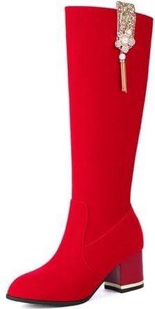 Generic Chaussures de moto en daim synth&eacute;tique pour femme - Bout rond - Talon bloc - Extensible - Avec fermeture &eacute;clair lat&eacute;rale, Rouge, 38.5 EU