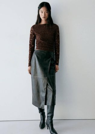 Mango Top dentelle en velours marron - Femme - XXS - MANGO