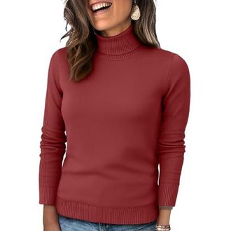 Generic Pull Femme Hiver Chaud col Montant Mode Ample Sweatshirts Couleur Unie Pull Femme Chic et El&eacute;gant D&eacute;contract&eacute; Manche Longue Jumper Tops Vin Rouge