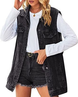 Feoya Gilet en Denim Vintage Femme Veste Décontracté Veste en Jean sans Manches Casual Cardigan Blousons XL