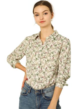 Allegra K Damen Bluse mit Knopfleiste, Blumenmuster, langärmelig, spitzer Kragen, beige, M