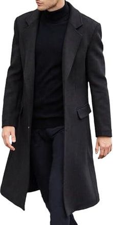 Generic Manteau long d&eacute;contract&eacute; &agrave; col crant&eacute; pour homme, coupe ajust&eacute;e, long manteau thermique &agrave; simple boutonnage, Noir, XXL