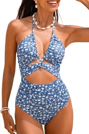 Cupshe Damen Badeanzug Einteilige V Ausschnitt Bademode Tiefer Mesh Kreuzverbund Träger Badeanzug Damen Schwimmanzug Staubiges Blau/Blumen L