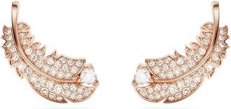 Swarovski Clous doreilles Nice, en forme de plumes ornées de cristaux roses, en placage de ton or rosé