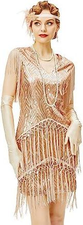 Babeyond 1920s Flapper Dress Long Fringed Gatsby Sequins Beaded Vintage Art Deco Roaring 20s Rose Gold