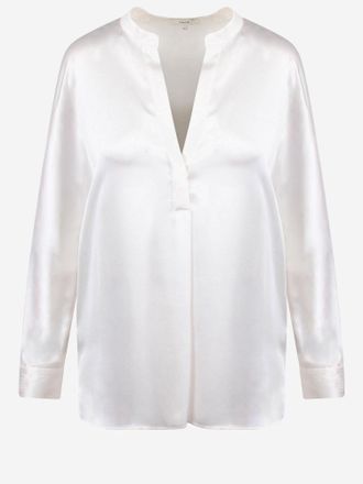 Vince Womens Silk Shirt V-Neck White Sweater