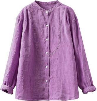 Generic Chemisier en lin &agrave; manches longues pour femme - Chemisier basique en mousseline de coton de couleur unie - Chemisier en lin avec boutons - T-shirt boh