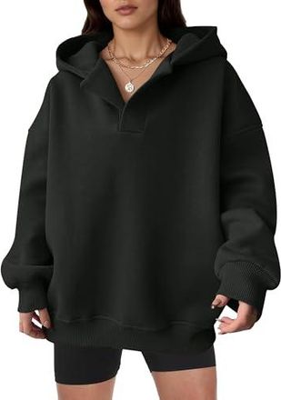 Generic Sweat &agrave; capuche surdimensionn&eacute; &agrave; col en V pour femme - Pull en polaire &agrave; manches longues - V&ecirc;tements Y2K - Tenue tendance automne 2025, Noir, XXL