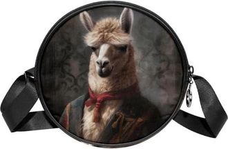Generic Sac &agrave; bandouli&egrave;re rond pour femme, motif alpaga vintage, petit sac &agrave; bandouli&egrave;re avec fermeture &eacute;clair, bretelles r&eacute;glables, sac &agrave; main rond d&eacute;contrac