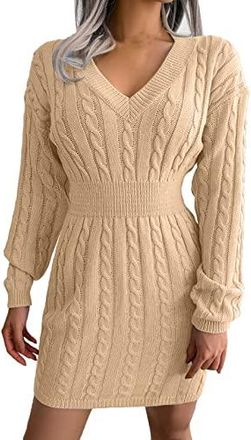 Generic Robe dhiver Laine pour Femme DéContractéE TricotéE Pull Hiver Chaud Tricot De Couleur Unie Noel Chandail Grande Taille Mini Automne