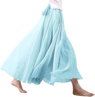 Onsoyours Jupe Maxi Plissée en Coton pour Femme Boho Rétro Longue Jupe dété Jupe de Plage Taille élastique Double Couche Jupe A Bleu Clair S