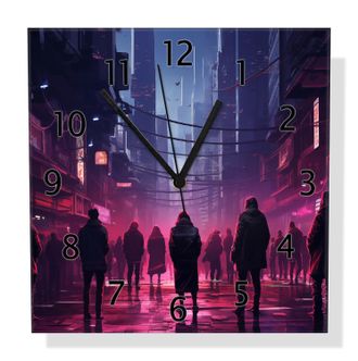 Wallario Design-Wanduhr Aufstand in der Stadt aus Glas, Motiv-Uhr Größe 30 x 30 cm, Schwarze Zeiger