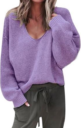 Generic Pull décontracté chaud à col en V et manches longues pour femme - Automne et hiver, violet, L