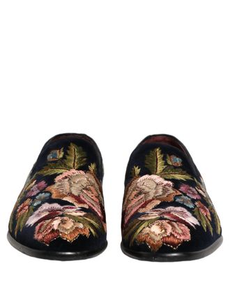 Dolce & Gabbana Mens Black Velvet Floral Embroidery Loafers Shoes Leather